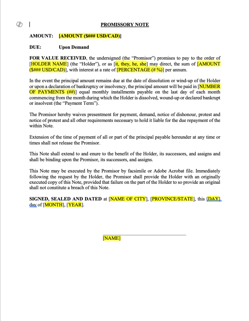 Promissory Note (Investor and Company) - Canada Legal Help